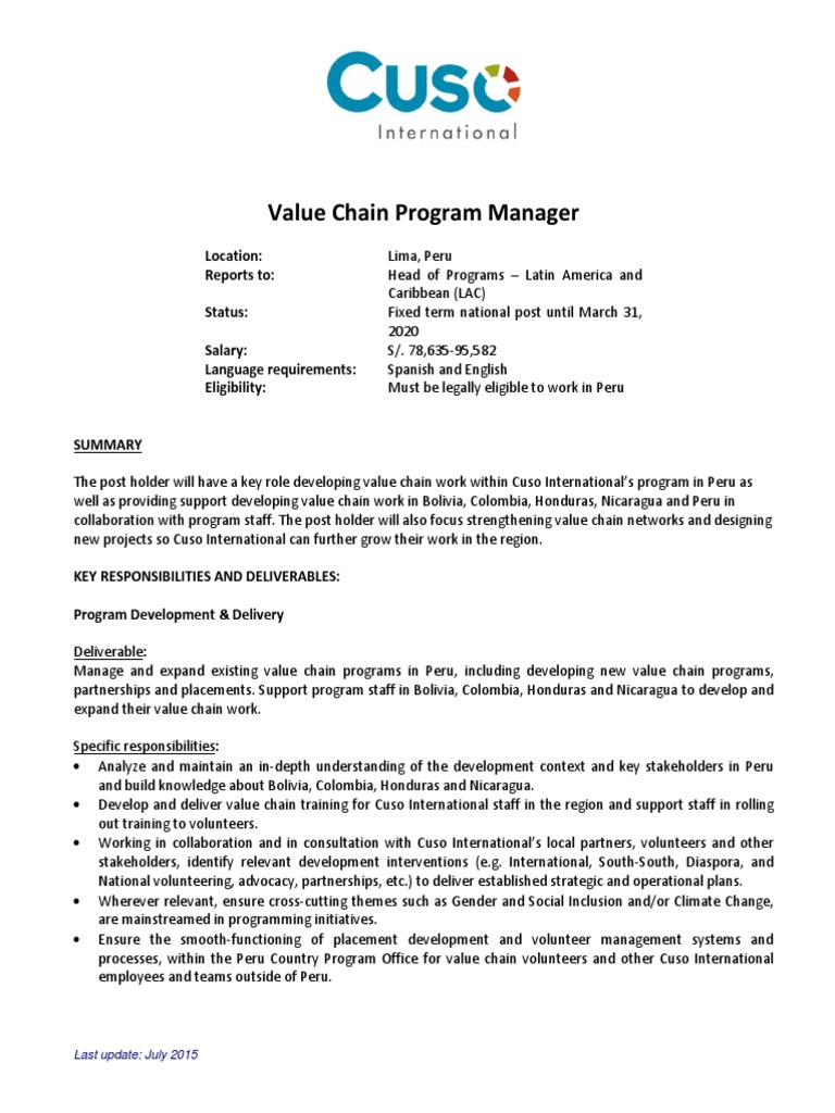 Posting Lac Value Chain Program Manager July 2015 | PDF | Volunteering ...