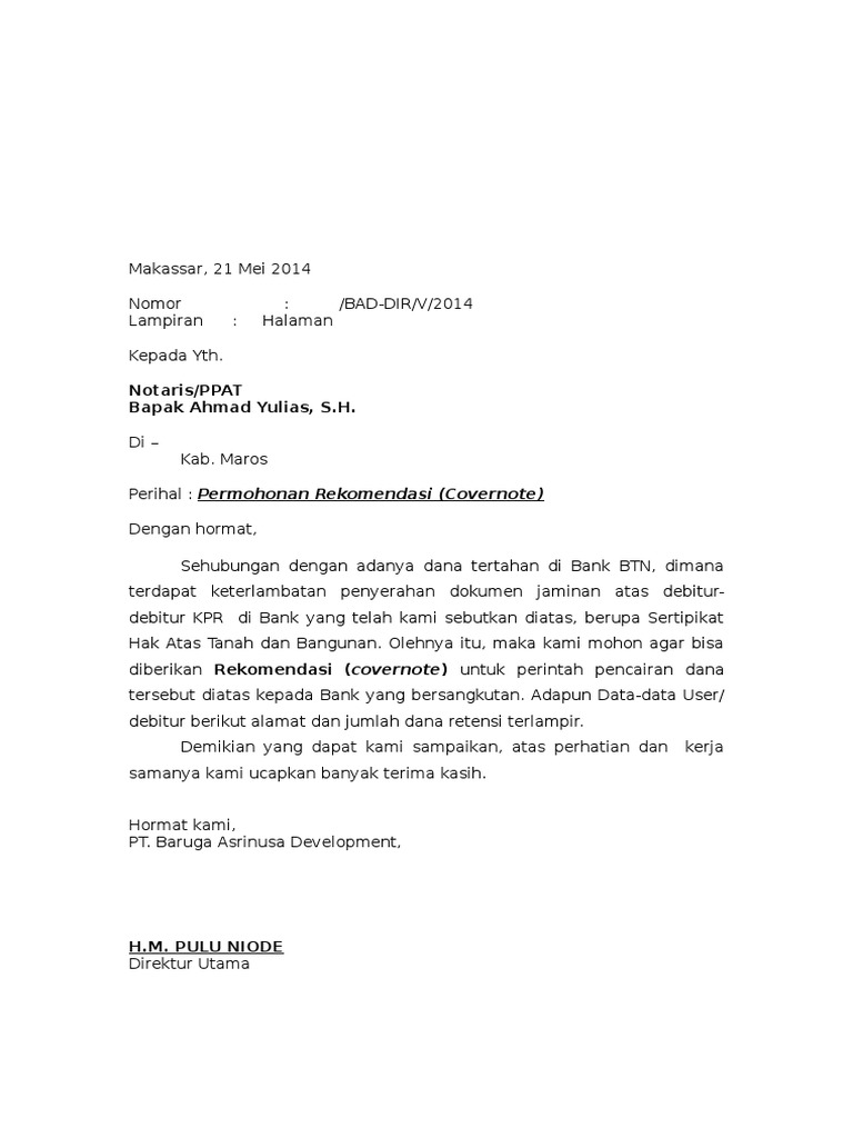 Surat Permohonan Cover Note Ke Notaris | PDF
