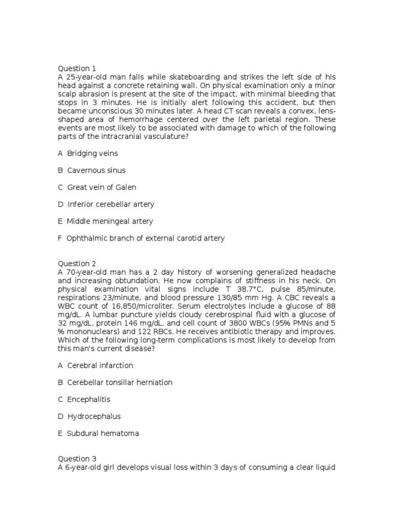 Sample Questions 1-2 | PDF | Cerebrospinal Fluid | Headache