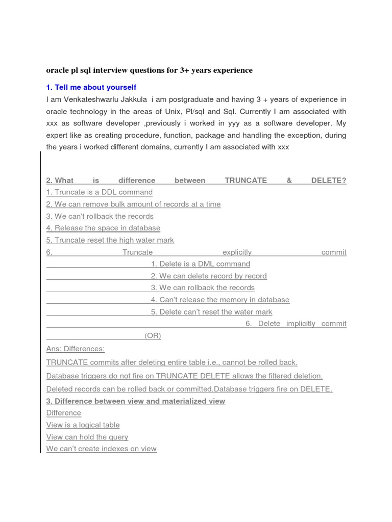 Oracle PL SQL Interview Questions For 3 Years Exp | PDF | Pl/Sql ...
