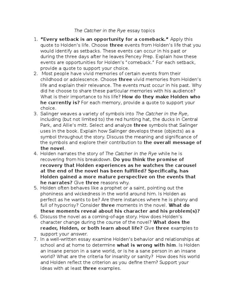 The Catcher in The Rye Essay Topics | PDF | Essays | Cognition