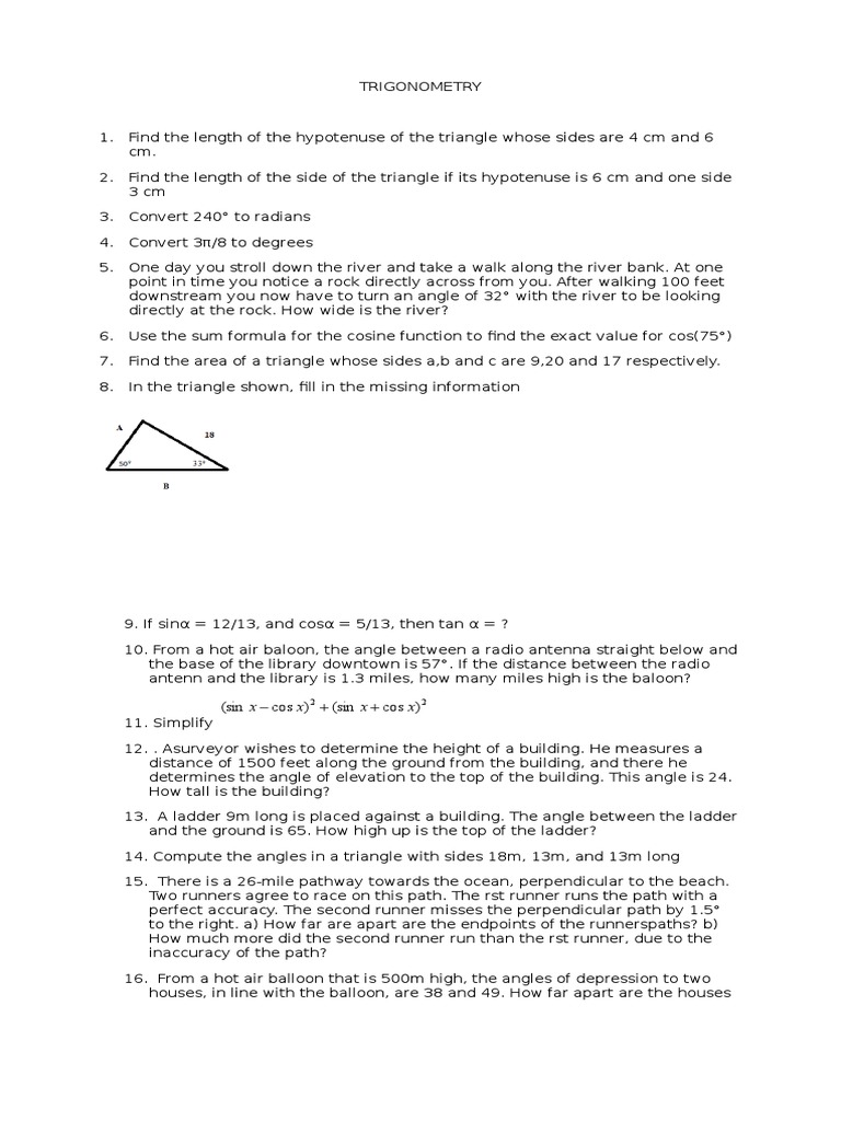 Problem Set Pdf Area Trigonometric Functions