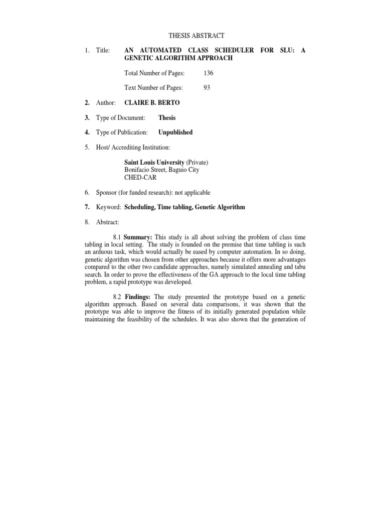 An Automated Class Scheduler For Slu - A Genetic Algorithm Approach ...