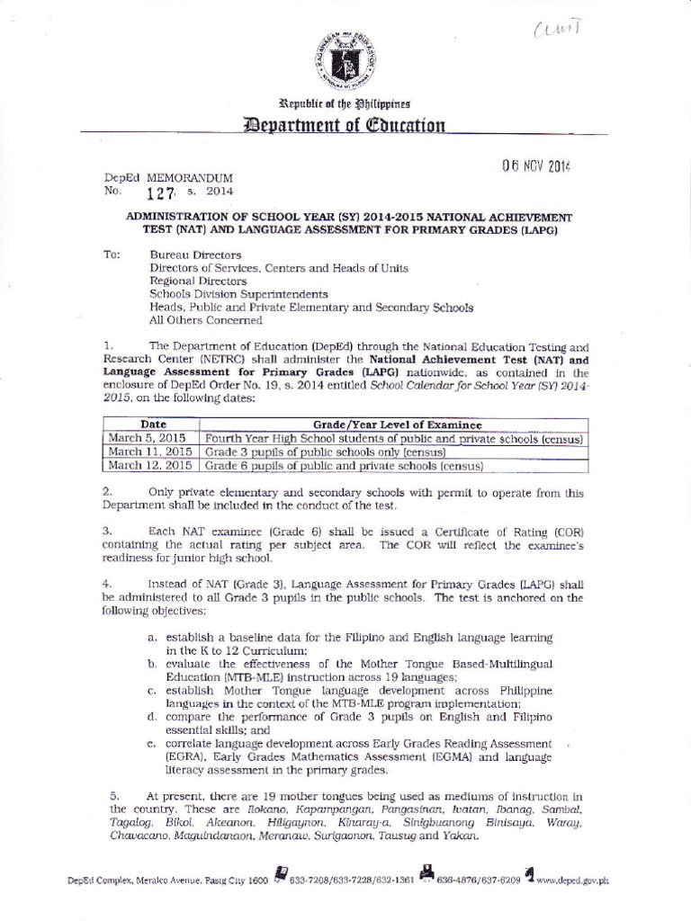 DepED Memorandum No.127 s.2014 | Schools | Human Communication