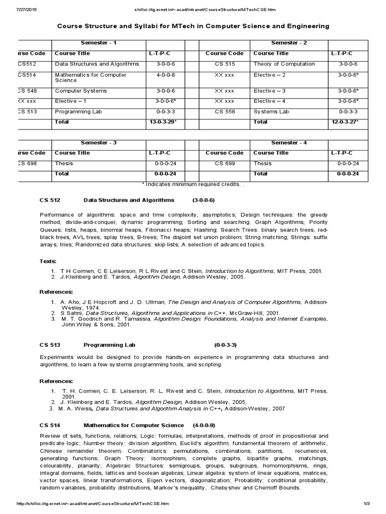 Course Structure and Syllabi For Mtech in Computer Science and Engineering | PDF | Computational ...