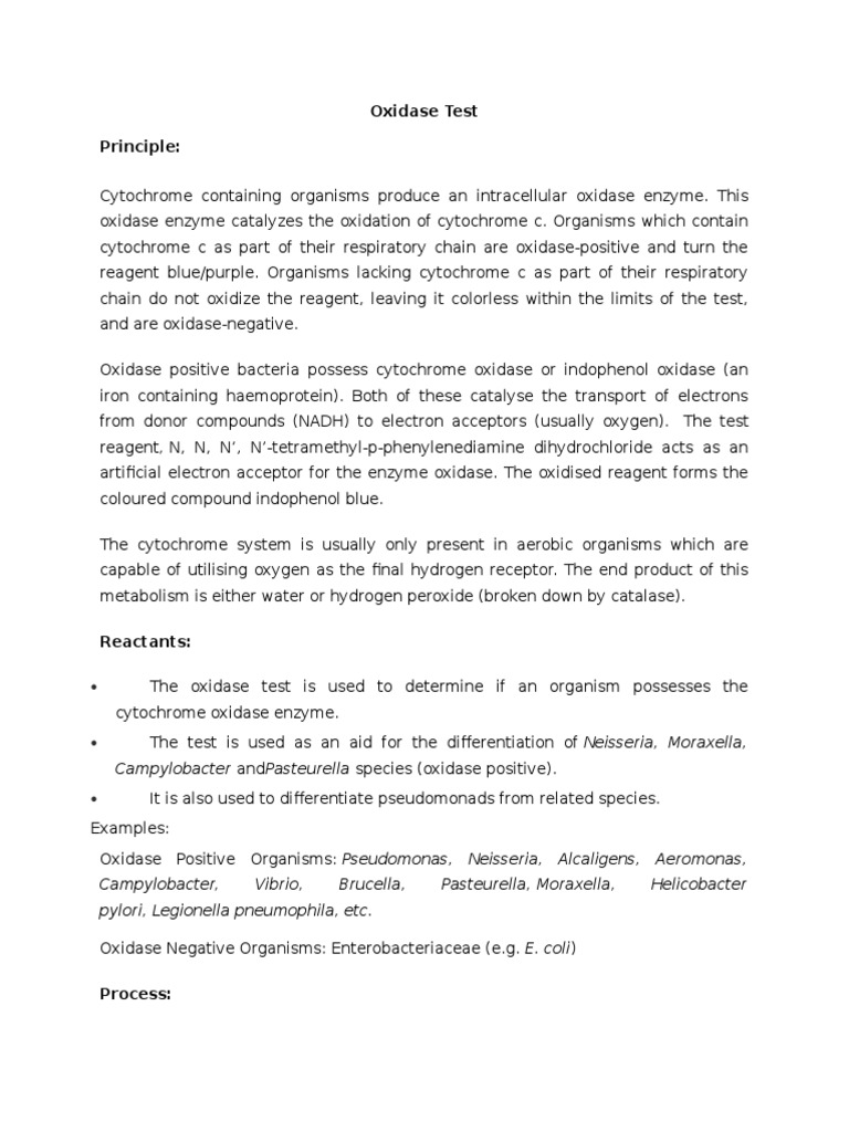 Oxidase Test Principle:: Campylobacter Andpasteurella Species (Oxidase ...