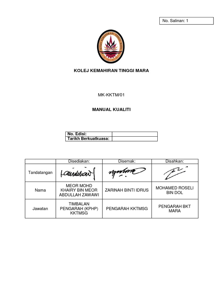 MK-KKTM-01 Manual Kualiti PDF | PDF