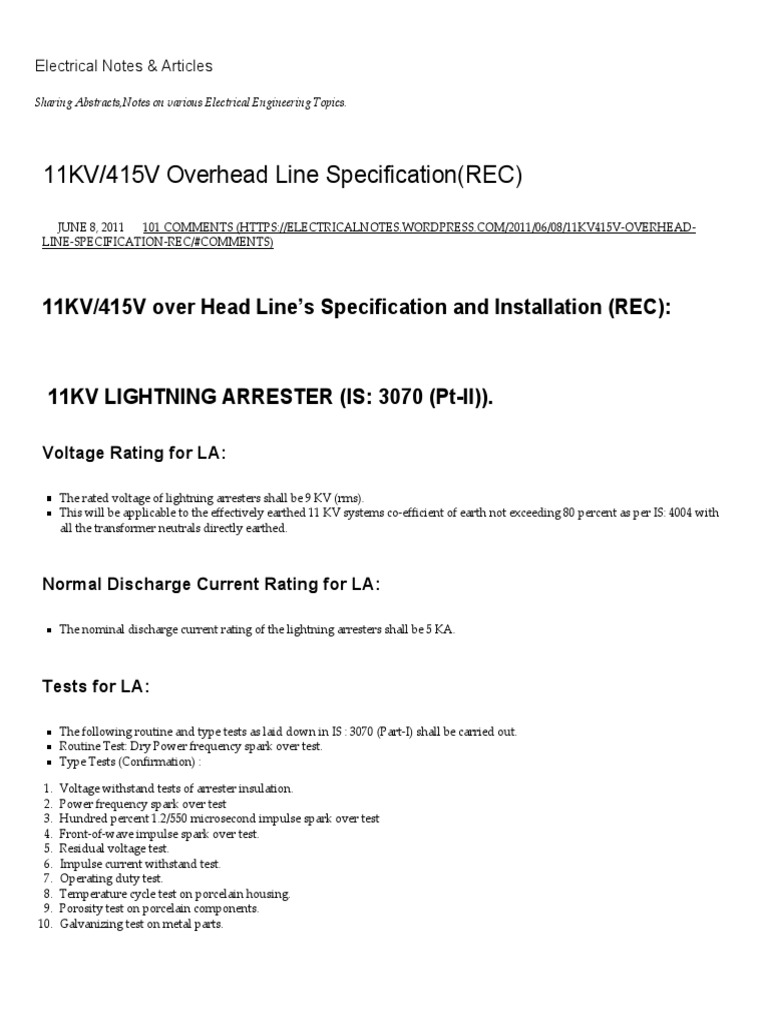 11KV Overhead Line Specifications | PDF | Insulator (Electricity ...