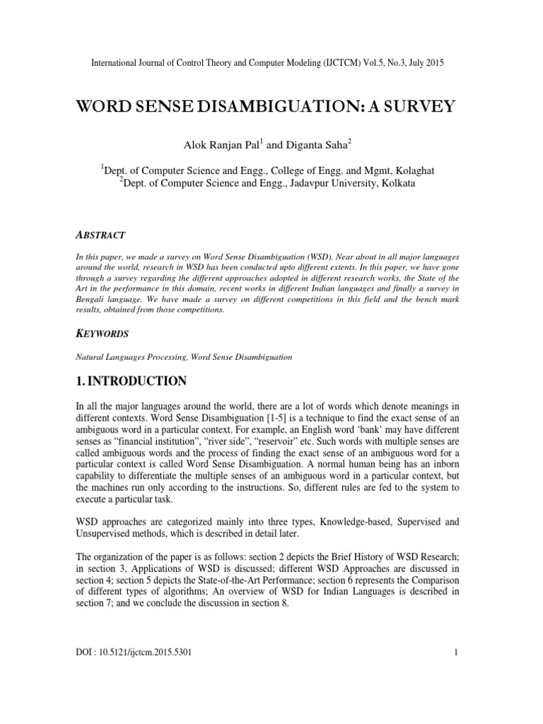 Word Sense Disambiguation A Survey Pdf Support Vector Machine Statistical Classification