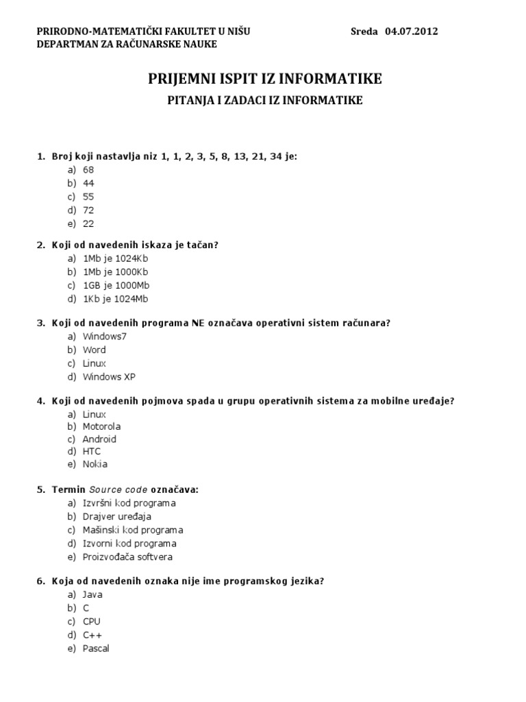 Informatika Prijemni Ispit | PDF | Software Development | Software