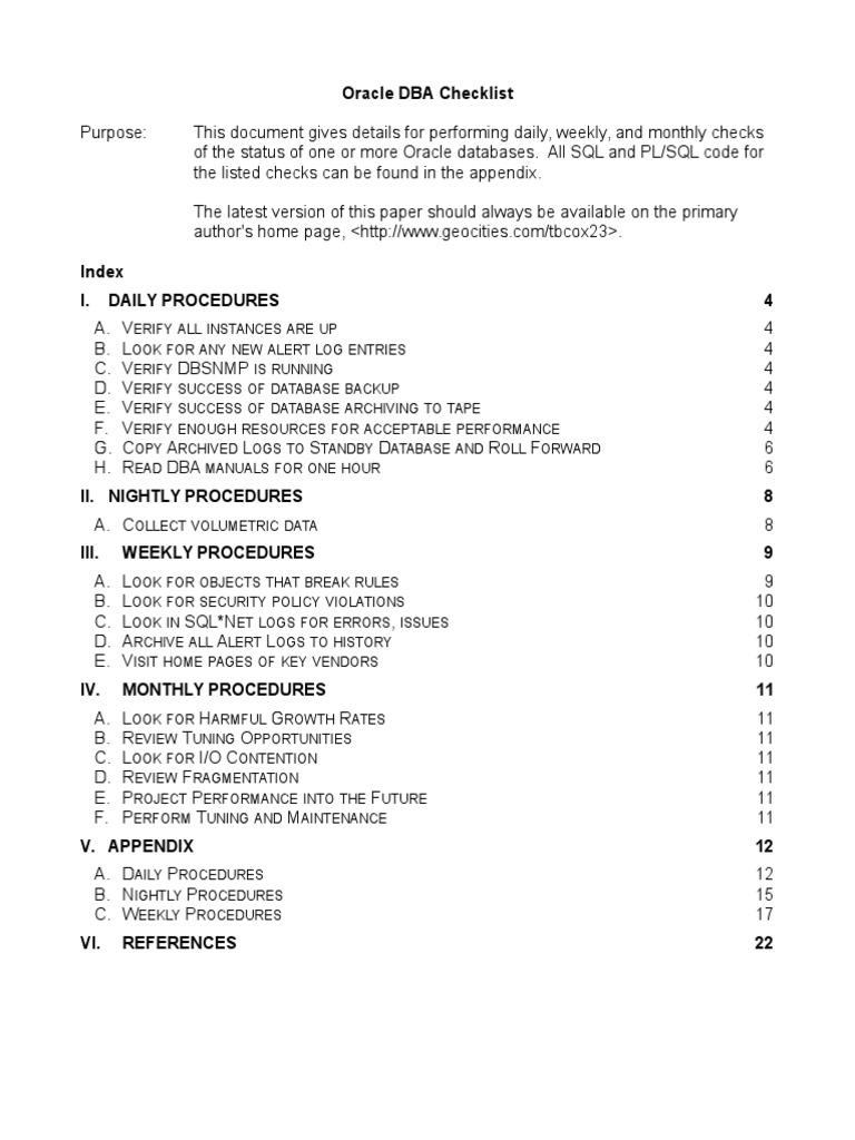 Oracle DBA Checklist | PDF | Database Index | Oracle Database