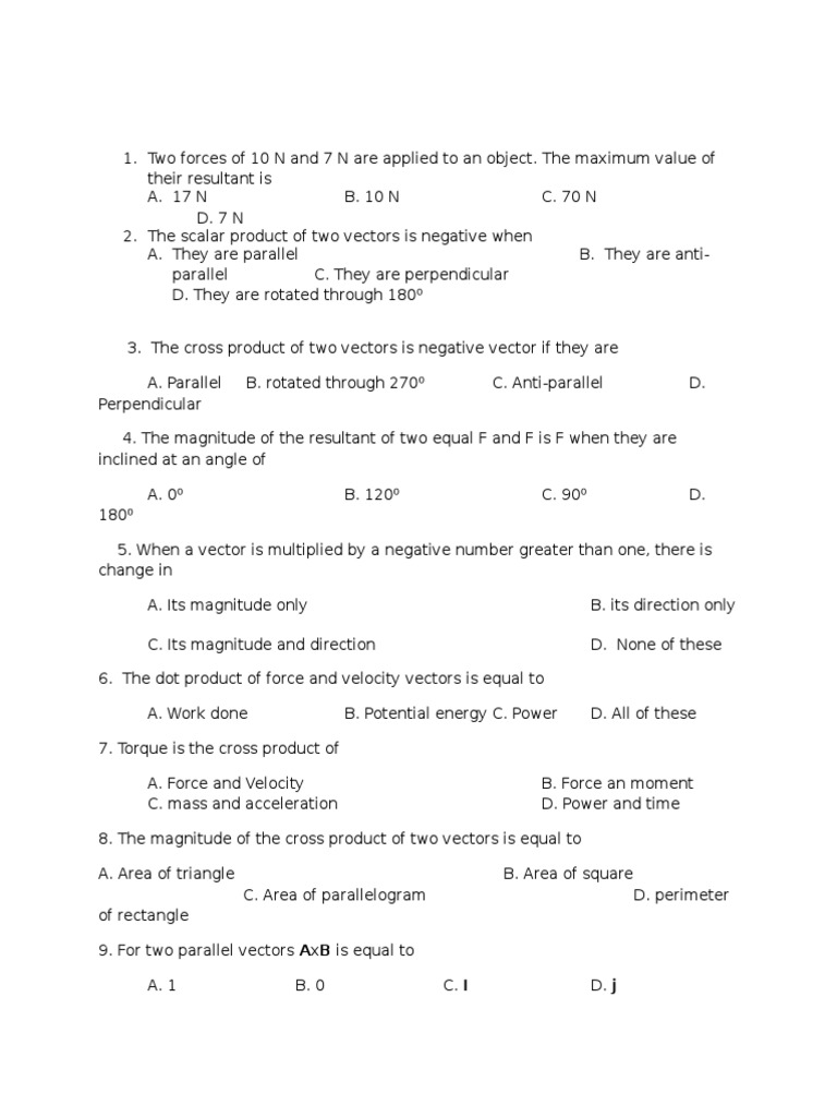 MCQ's Vectors | PDF | Euclidean Vector | Torque