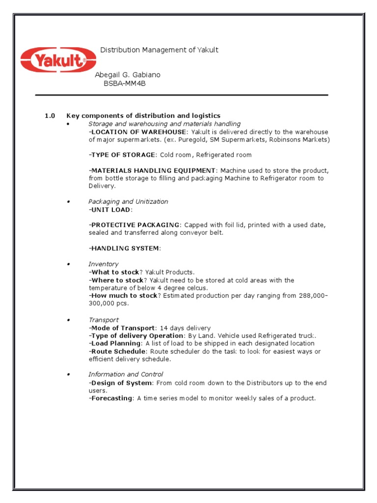 Distribution Management of Yakult Abegail G. Gabiano Bsba-Mm4B | PDF ...