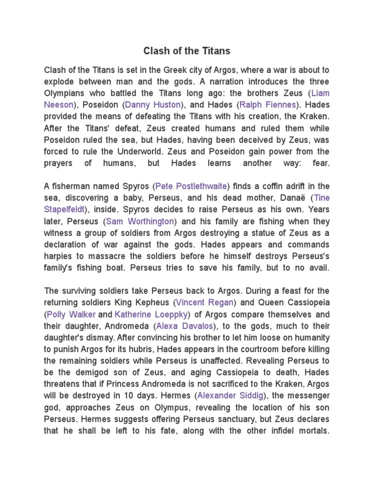 Clash of The Titans Summary | PDF | Mythological Characters | Greek Deities