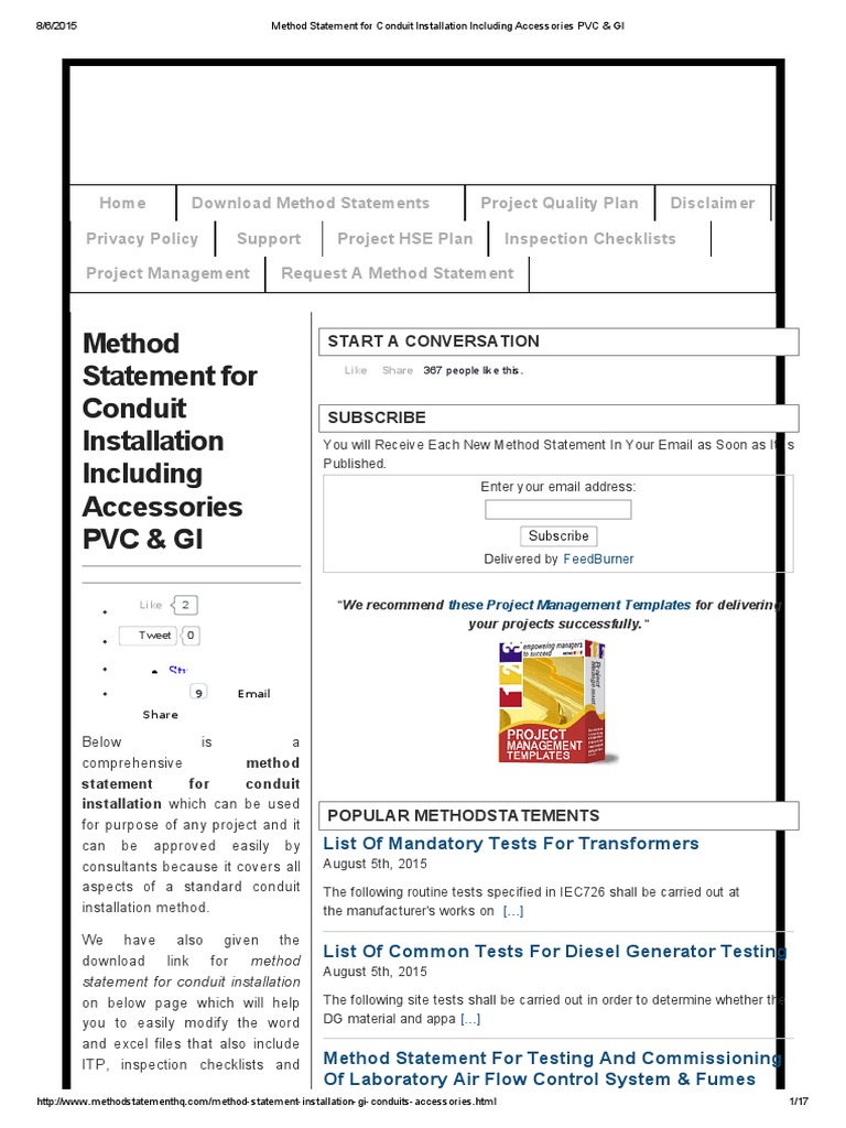 Method Statement For Conduit Installation Including Accessories PVC & GI | Download Free PDF ...