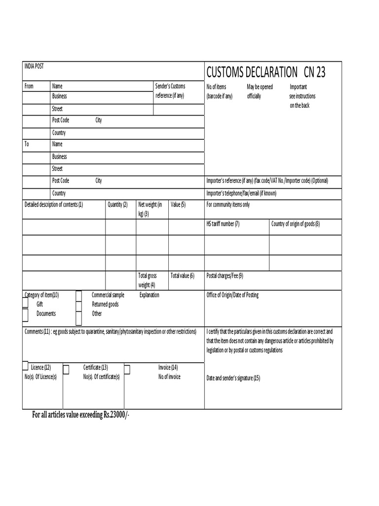 Customs Declaration Form Cn23 | PDF | Customs | Mail
