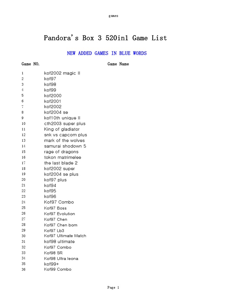 Pandora Box Game Lists Overview | PDF | Video Games | Gaming