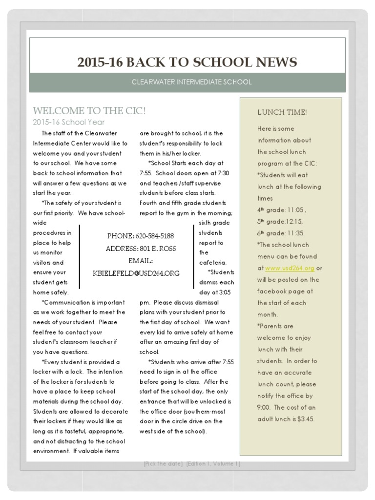 Welcome To The CIC - Back To School News 15-16 | PDF | Teaching ...