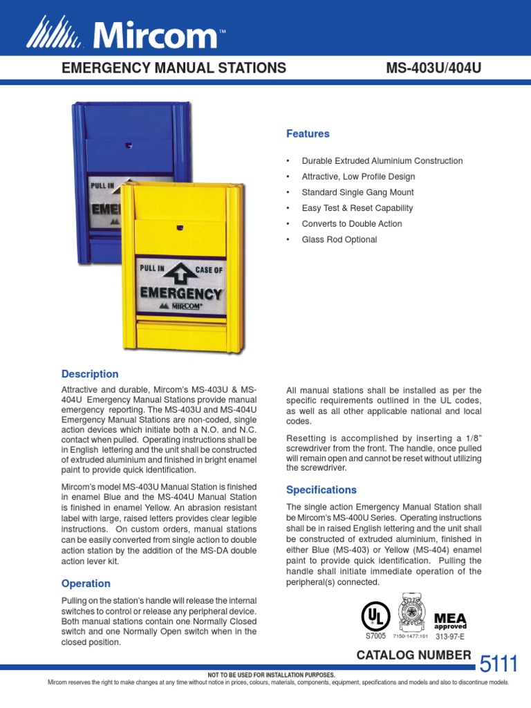 Emergency Manual Stations MS-403U/404U: Features | PDF | Trigger ...