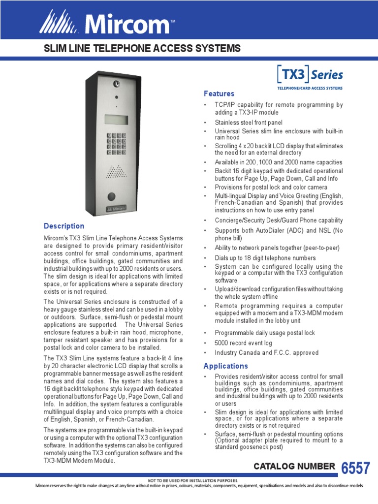 Mircom TX3-200-4U-A Data Sheet | Telephone | Modem