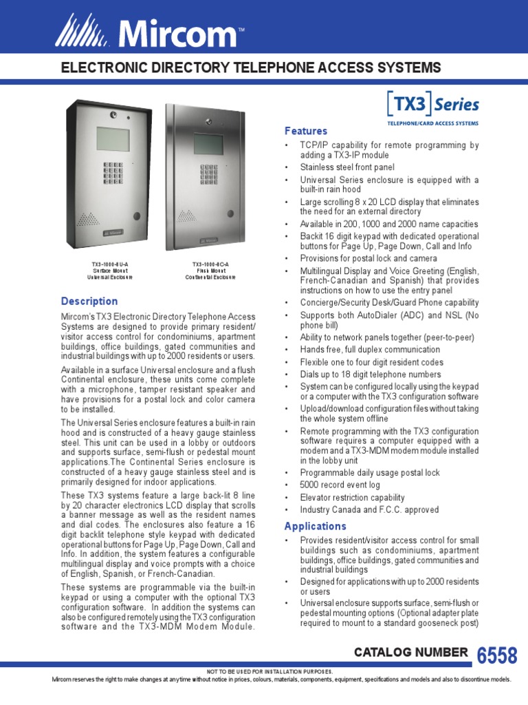 Mircom TX3-1000-8U-A Data Sheet | PDF | Telephone | Modem