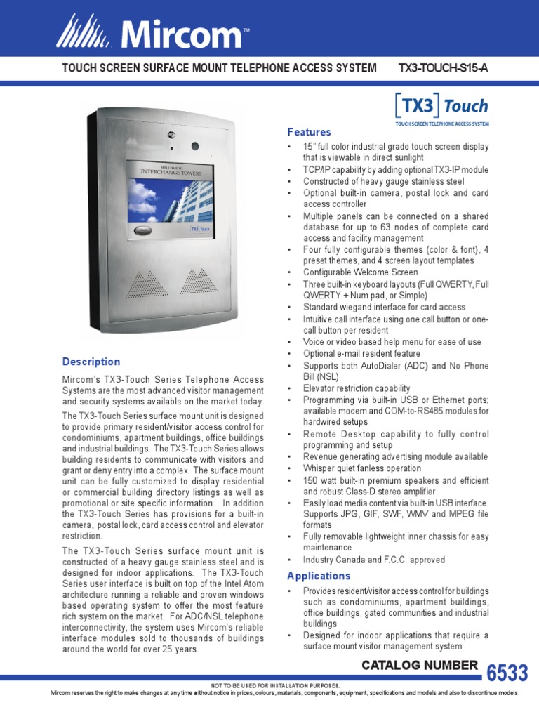Mircom TX3-TOUCH-S15-A Data Sheet | Embedded System | Access Control