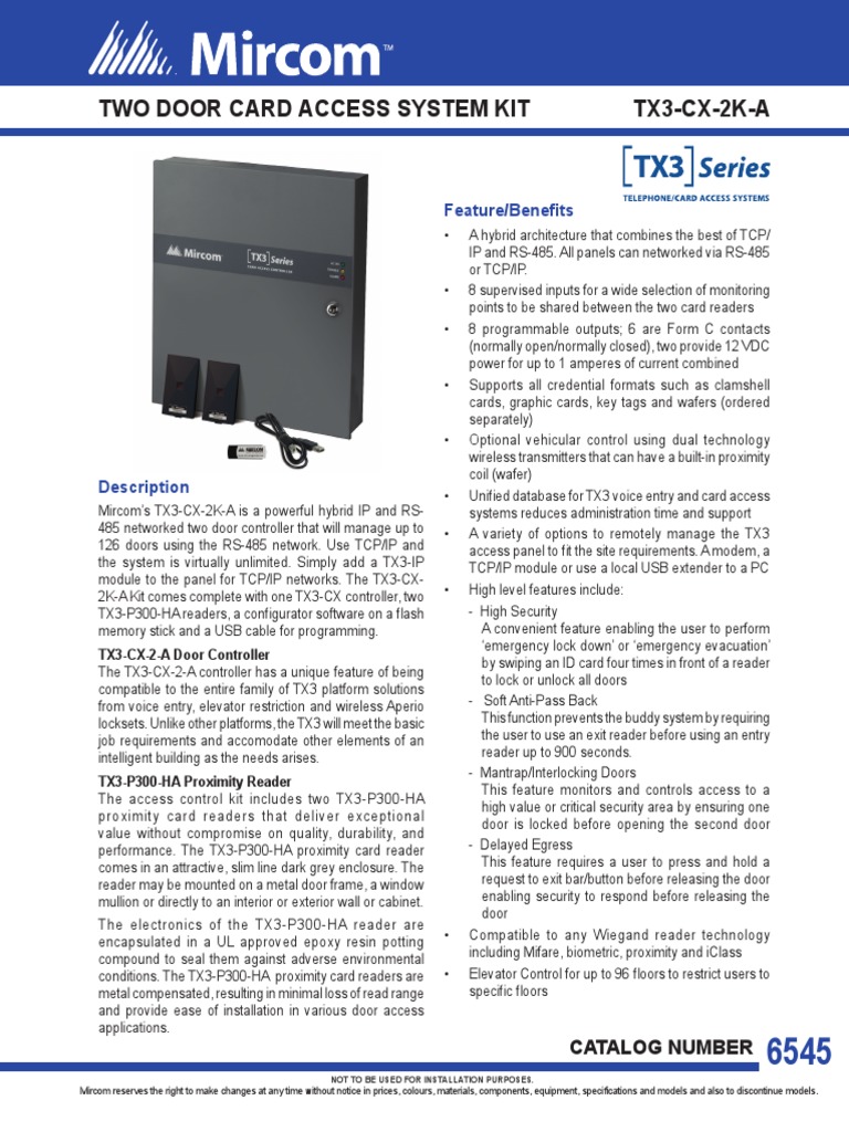 Mircom TX3-CX-2K-A Data Sheet | Access Control | Elevator