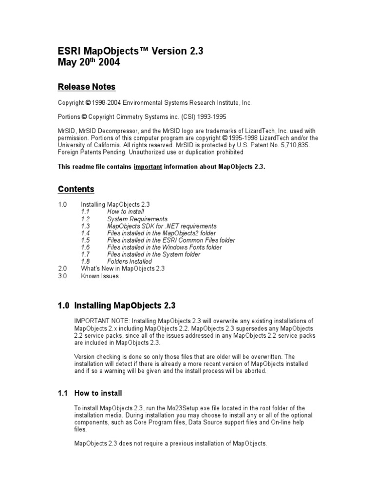 Esri Mapobjects™ Version 2.3 May 20 2004: Release Notes | PDF | Arc Gis ...