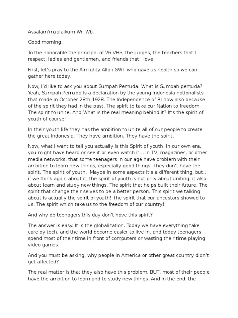 Sumpah Pemuda Spirit - Contoh Speech | PDF