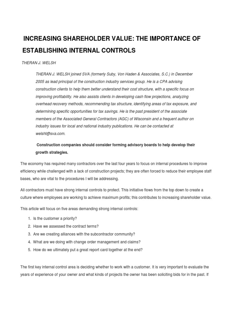 Increasing Shareholder Value The Importance of Establishing Internal ...
