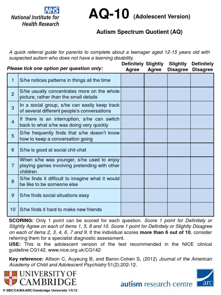 AQ-10 Adolescent Autism Screening Guide | PDF