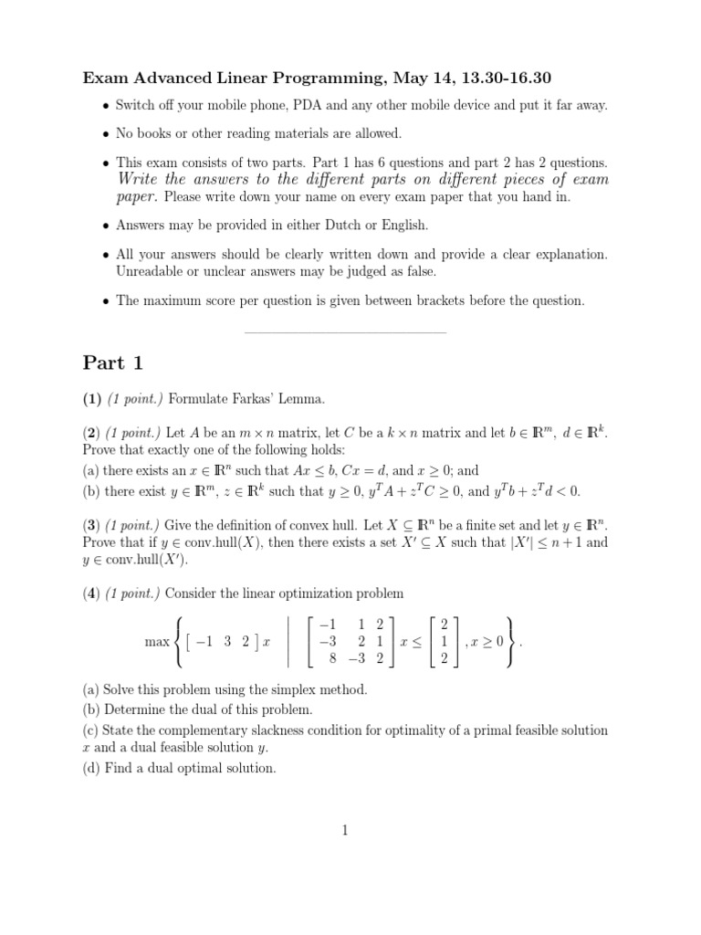 Exam Advanced Linear Programming, May 14, 13.30-16.30 | Download Free ...