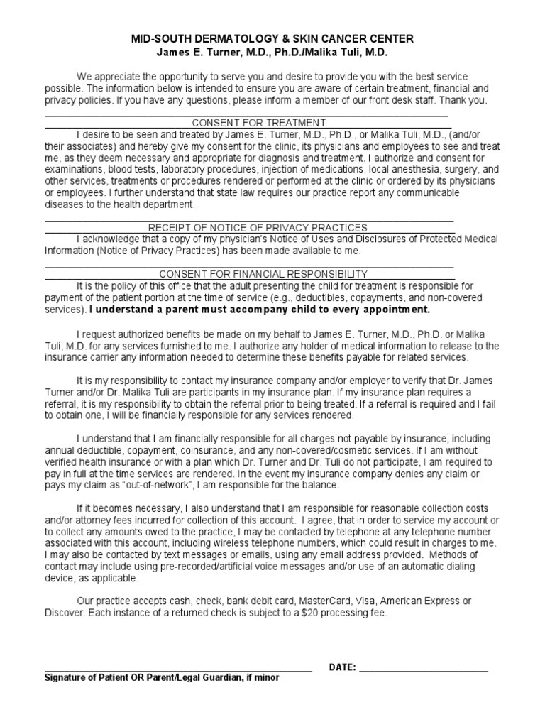 Mid South Dermatology - General Consent Patient Form | PDF | Physician ...