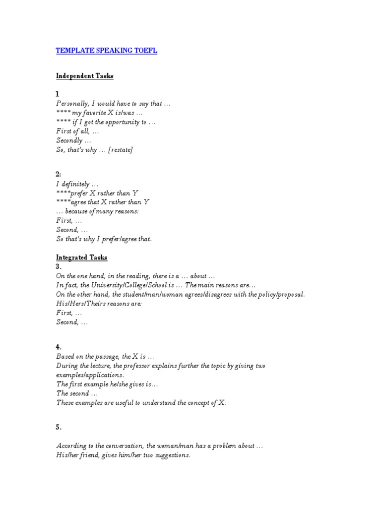 TOEFL Speaking Task Templates | PDF | Language Arts & Discipline ...