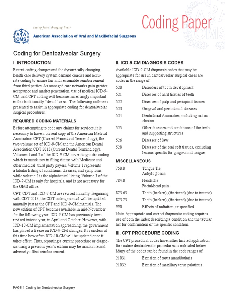 Coding For Dentoalveolar Surgery: Ii. Icd-9-Cm Diagnosis Codes | PDF ...