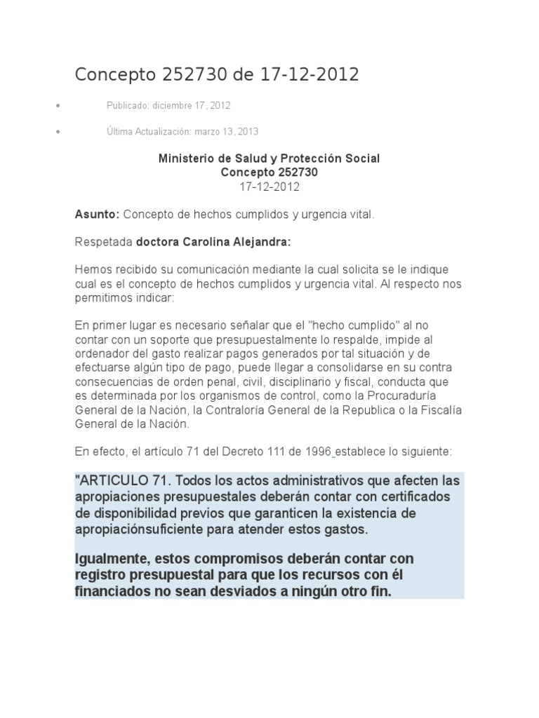 Concepto 252730 Hechos Cumplidos | PDF | Cuidado de salud del gobierno ...