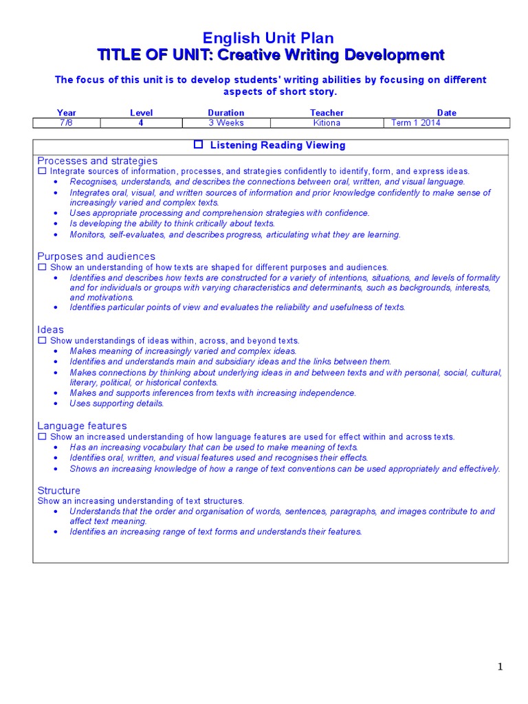 Creative Writing Unit Plan | PDF | Psychological Concepts | Cognitive ...