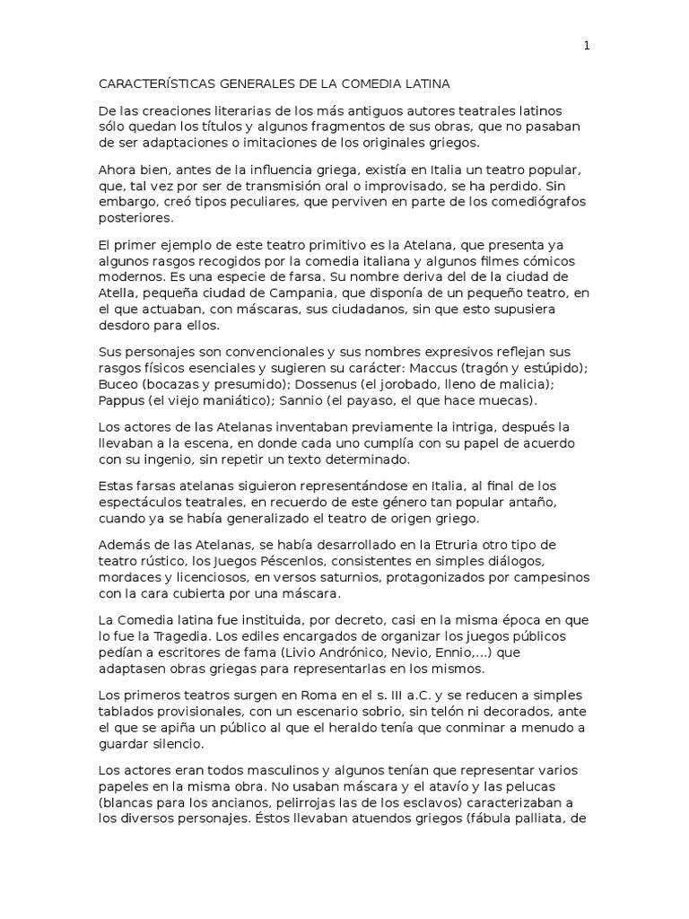 Características Generales de La Comedia Latina Plauto | PDF | Comedia | Teatro
