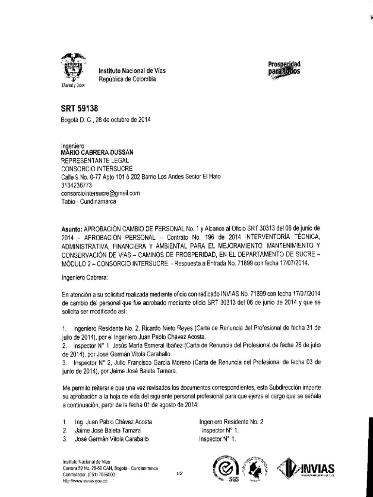 APROBACIÓN CAMBIO PERSONAL No. 1 - Oficio para Interventoría Modulo 2 JULIO 29 - 2014 | PDF