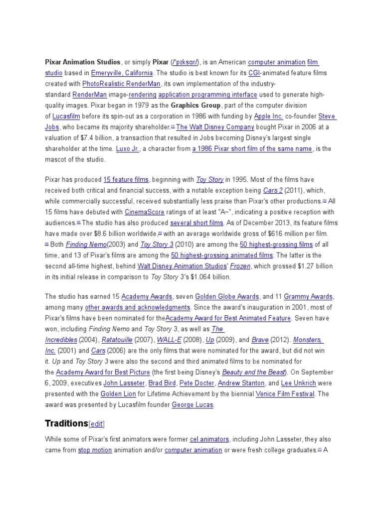 History of Pixar Animation Studios | PDF | Pixar | Animation