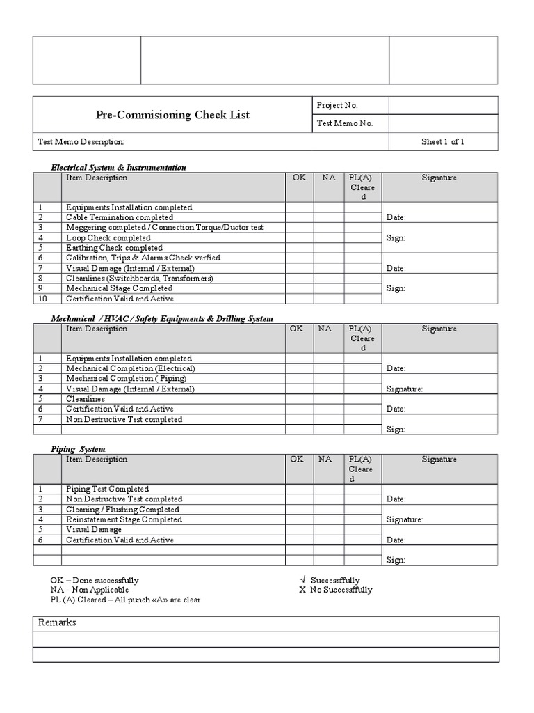Pre-Commissioning Checklist for Electrical Systems, Mechanical ...