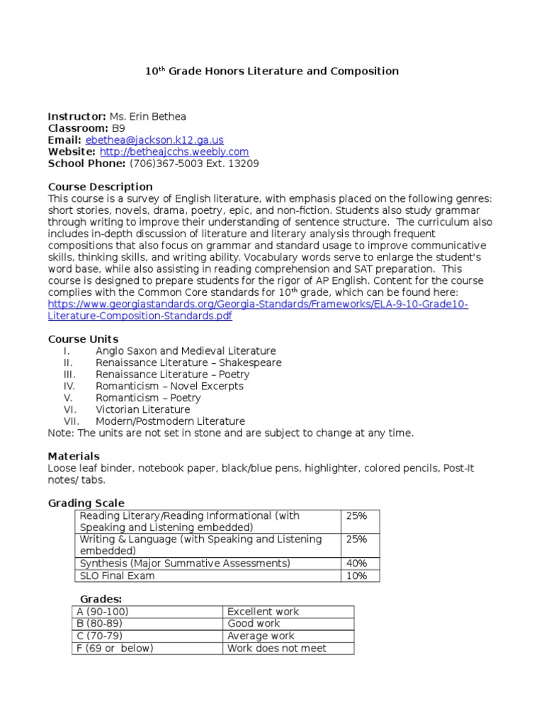 10th Grade Honors Literature Syllabus | PDF | Homework | Test (Assessment)
