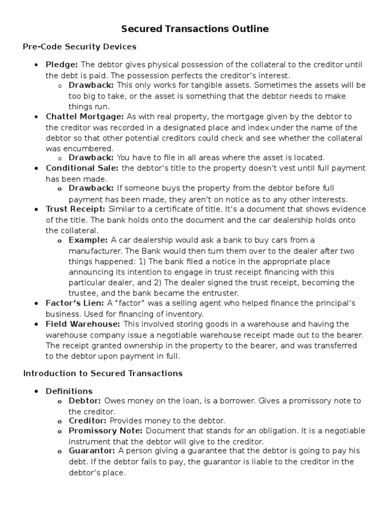 Secured Transactions Outline | PDF | Security Interest | Lien
