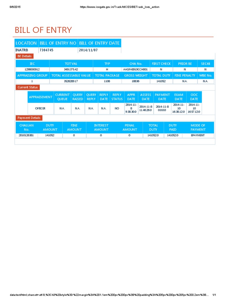 Bill of Entry Status and Details | PDF