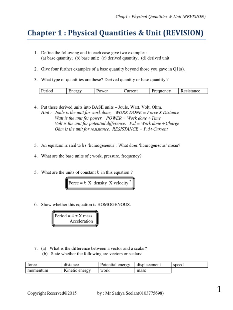Chapter 1 Revision Pdf Power Physics Velocity