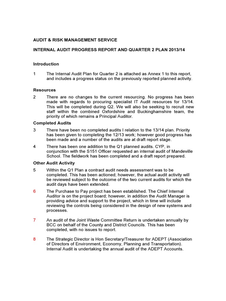 Internal Audit Progress Report and Quarter 2 Plan | PDF | Internal ...