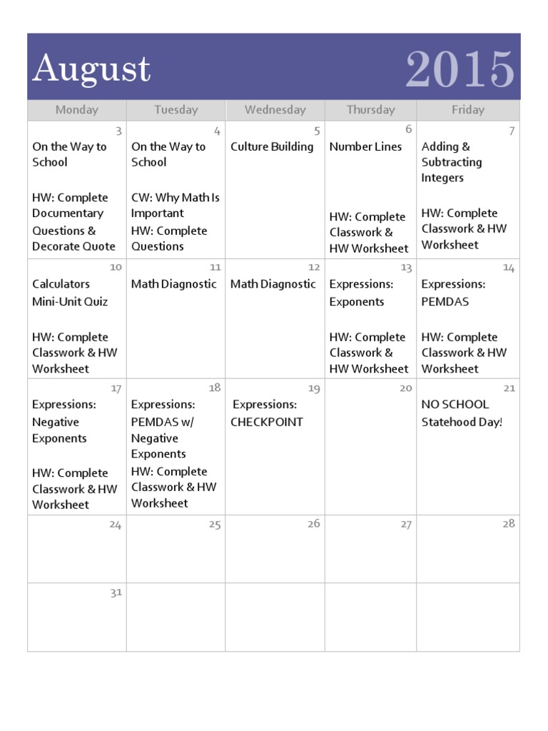 August Math Homework Schedule | PDF