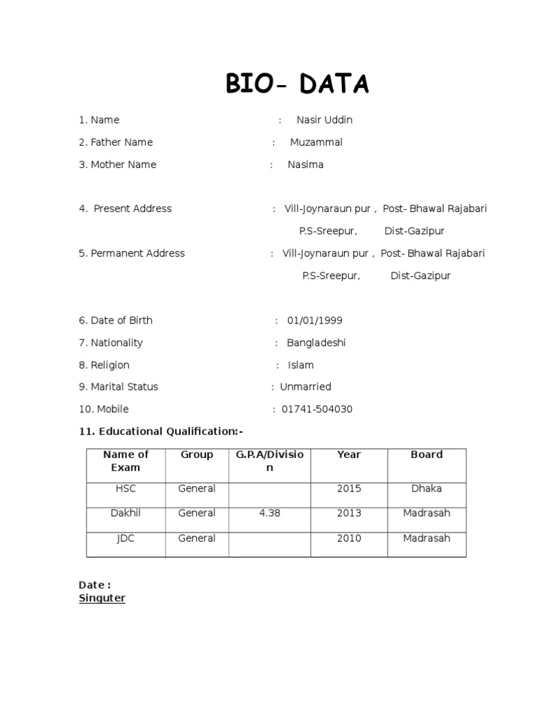 Bio-Data: 11. Educational Qualification: - Name of Exam Group G.P.A/Divisio N Year Board | PDF ...