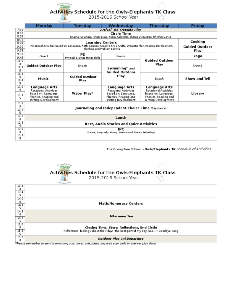 Owls-Elephants TK Class Schedule 2015-2016 | PDF