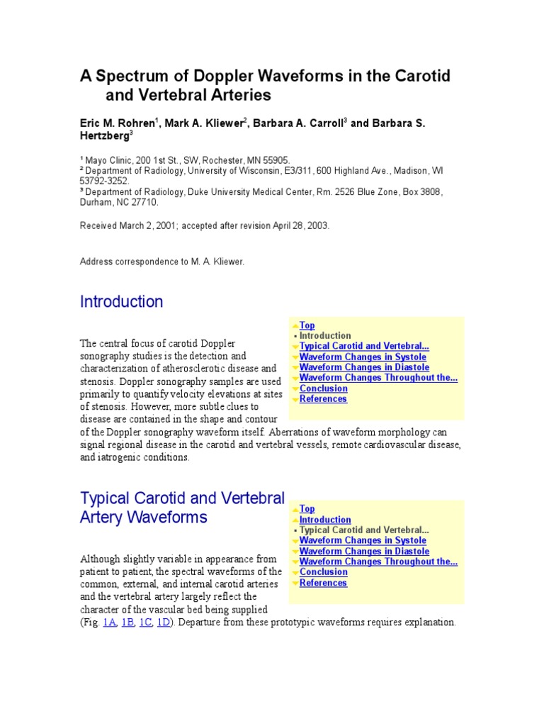 A Spectrum of Doppler Waveforms in The Carotid and Vertebral Arteries ...